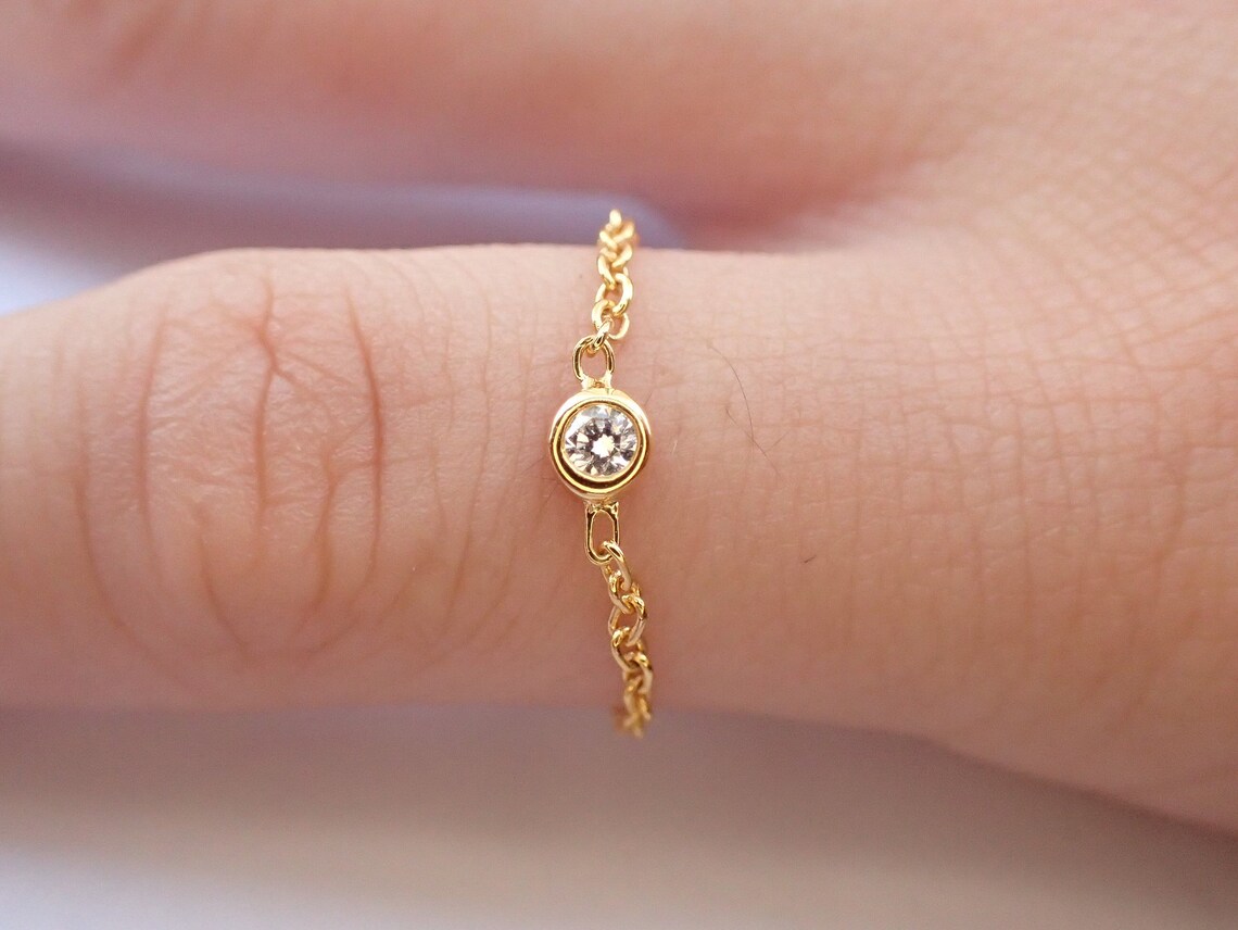 14k Gold Chain Ring Bezel Set Diamond Gold Chain Ring - Etsy