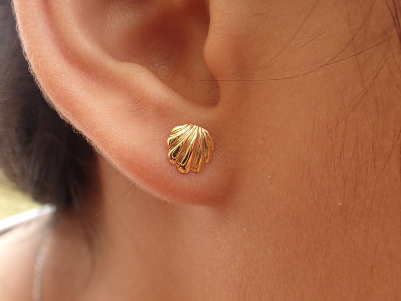 Tiny Clam Earrings Seashell Stud Earrings 14k Solid Gold 2 | Etsy