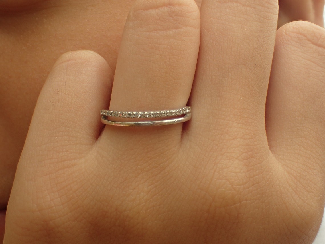 Double Row Diamond Wedding Band 14k White Gold Two Row Ring - Etsy