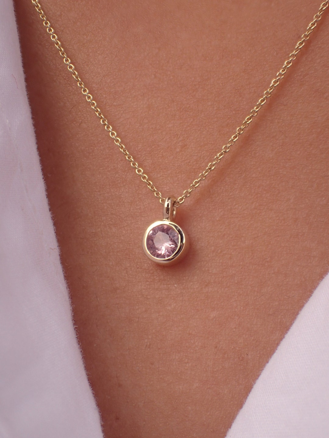 0.14ct Pink Sapphire Solitaire Necklace, 14k Solid Gold Pink Sapphire ...