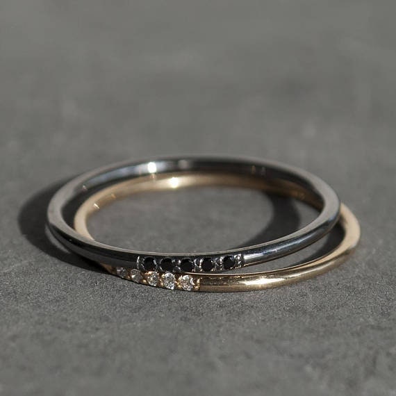 Black Diamond Dainty Staking Ring 14k Gold Diamond Stackable - Etsy