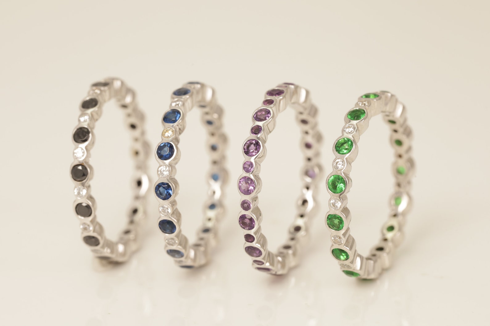 Alternating Bezel Set Gemstone Wedding Band, Full Eternity Stackable ...