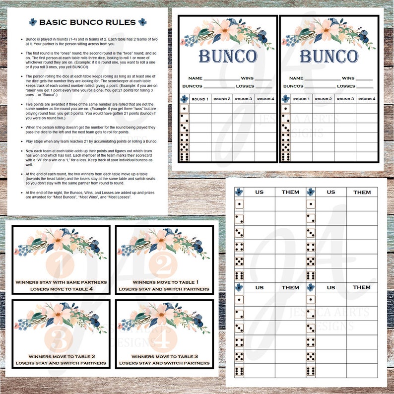 Blush & Navy Floral Printable Bunco Cards - Etsy