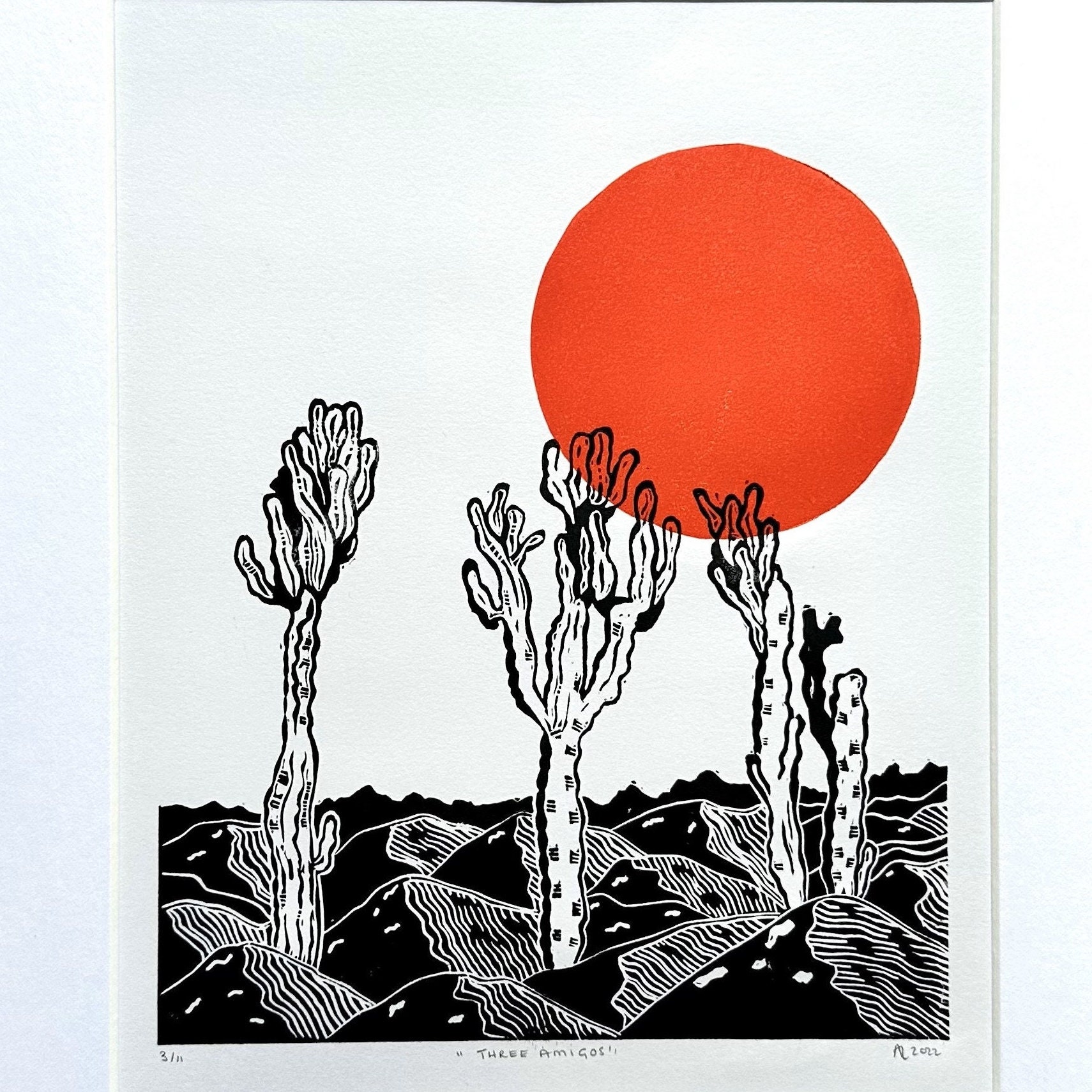 Three Amigos Catcus Linocut Print Handmade Cactus Print Landscape Art ...