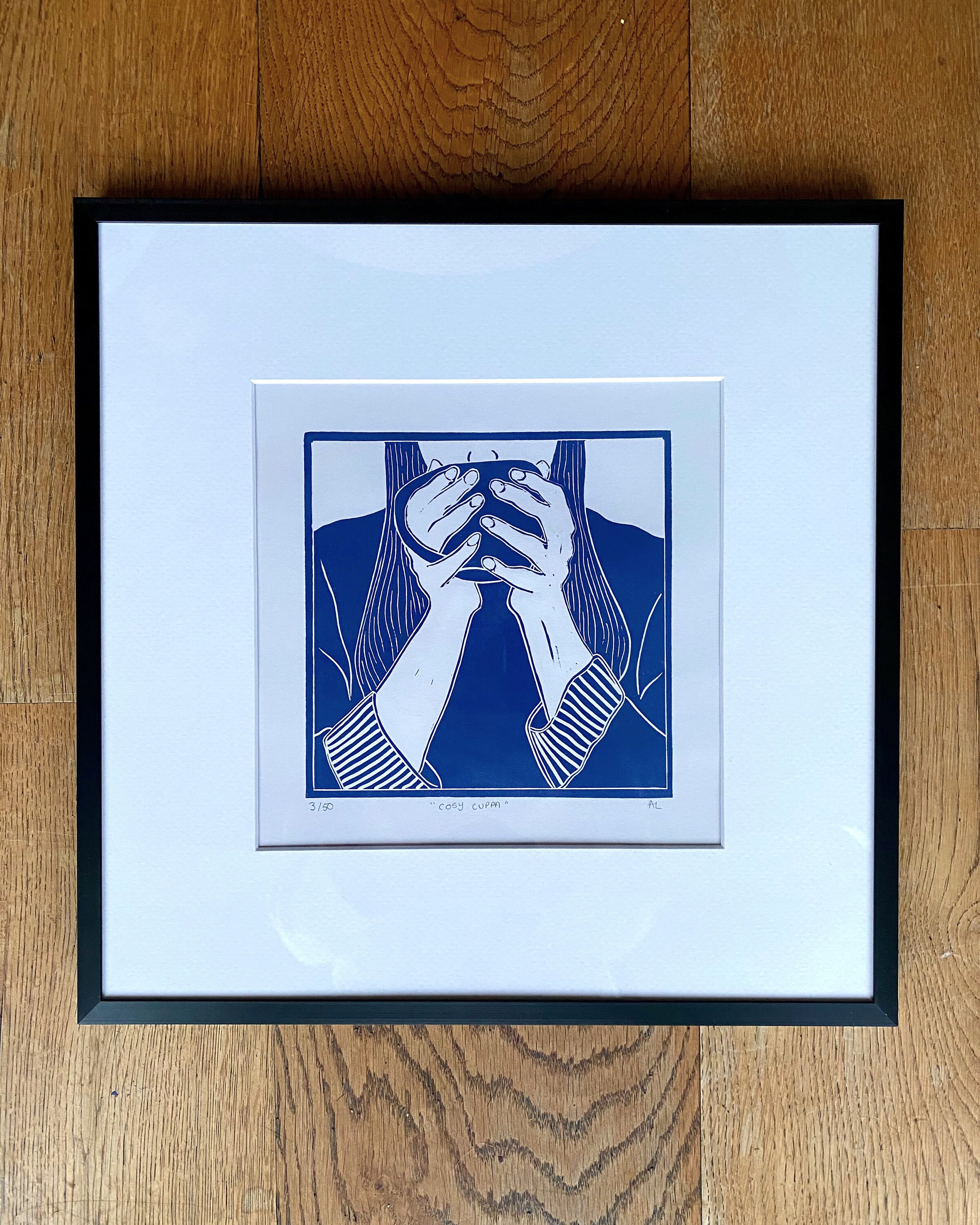 Cosy Cuppa Linocut Print Handmade Woman Drinking Cup of Tea Wall Art ...