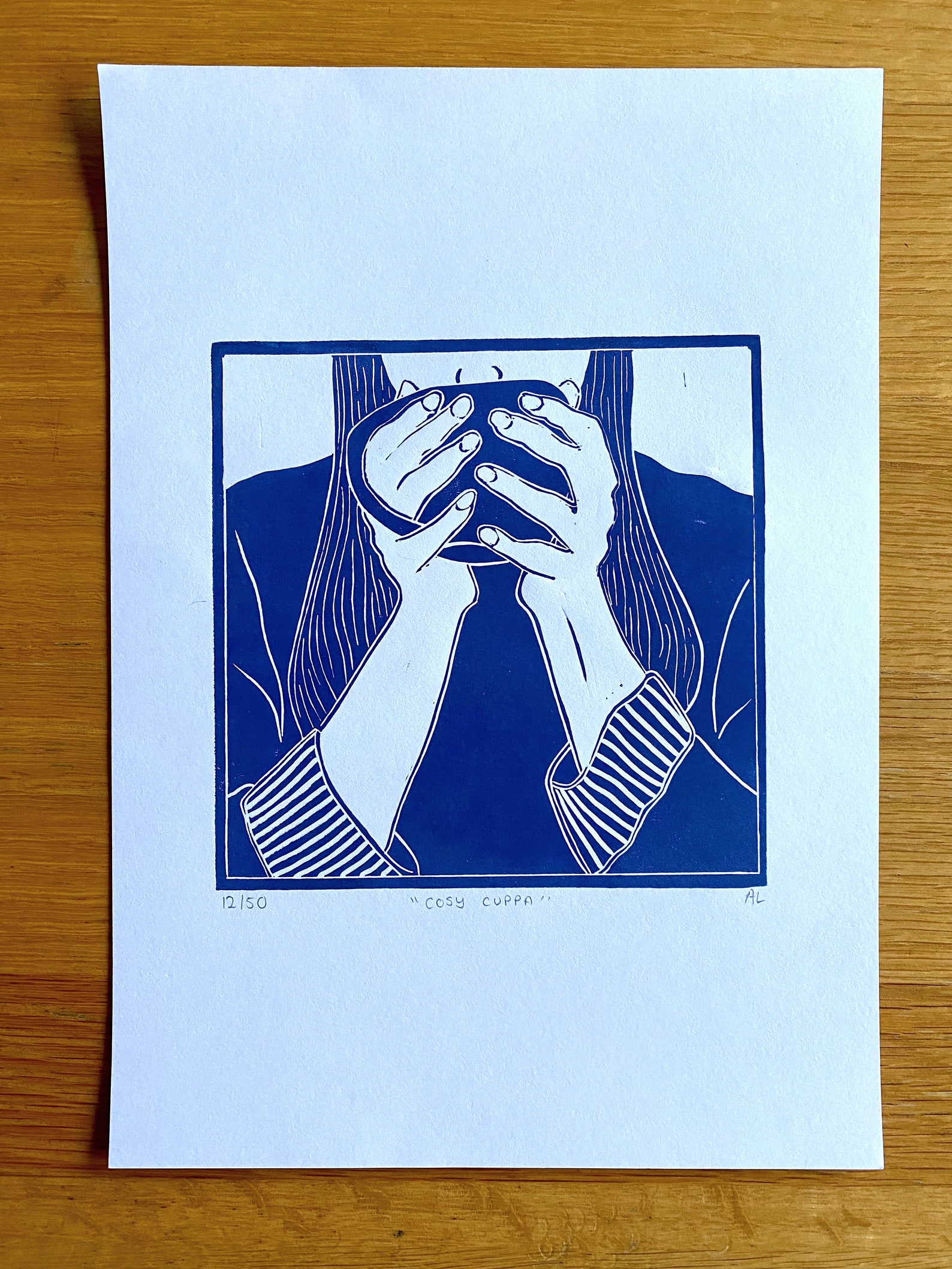 Cosy Cuppa Linocut Print Handmade Woman Drinking Cup of - Etsy