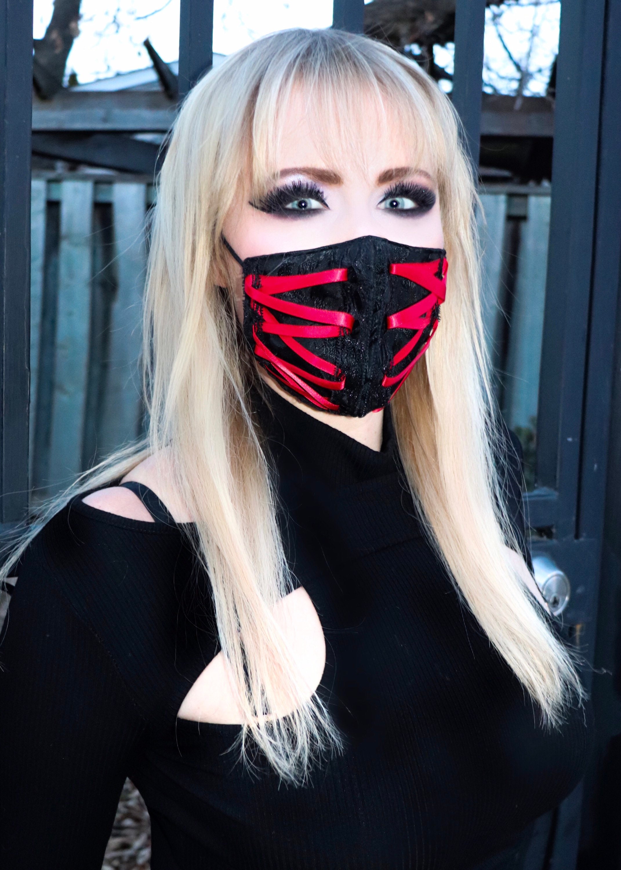 Black Brocade and Red Corset Laced Mask Without Nose Bridge - Etsy