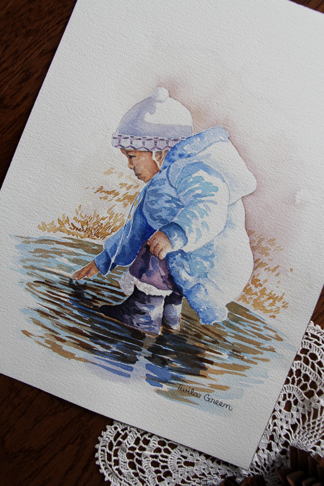 The First Puddles of Spring / Playing in Puddles / Original Watercolour ...