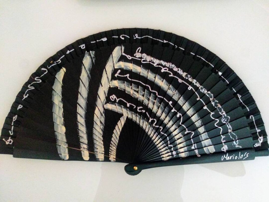 Hand Painted Spanish Fan, Black, Beige and Silver, Ecological Product ...