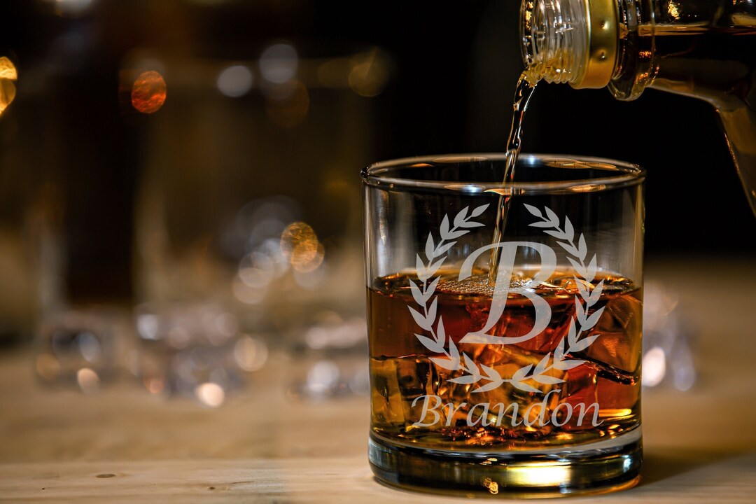 Personalized Whiskey T Monogram Bourbon Glass Etched Groomsman