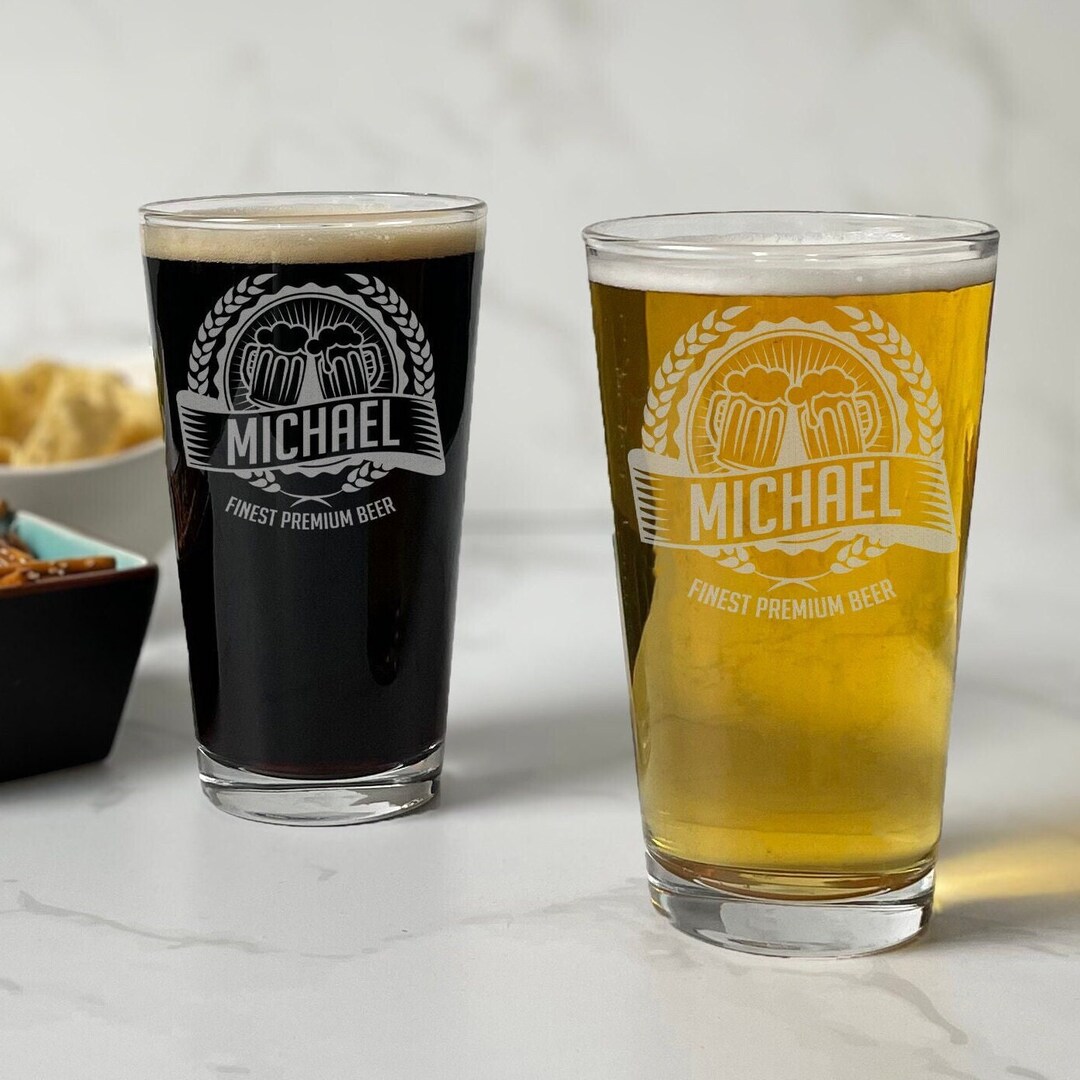 Etched Monogram Set of Two Beer Glasses, Beer Pint Glass, Personalized ...