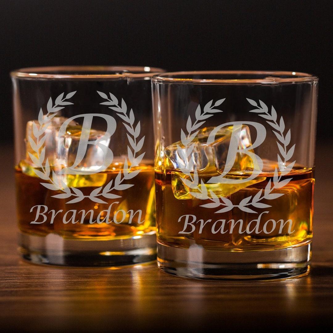 Set of Two Personalized Whiskey Glasses, Monogram Bourbon Glass, Etched ...