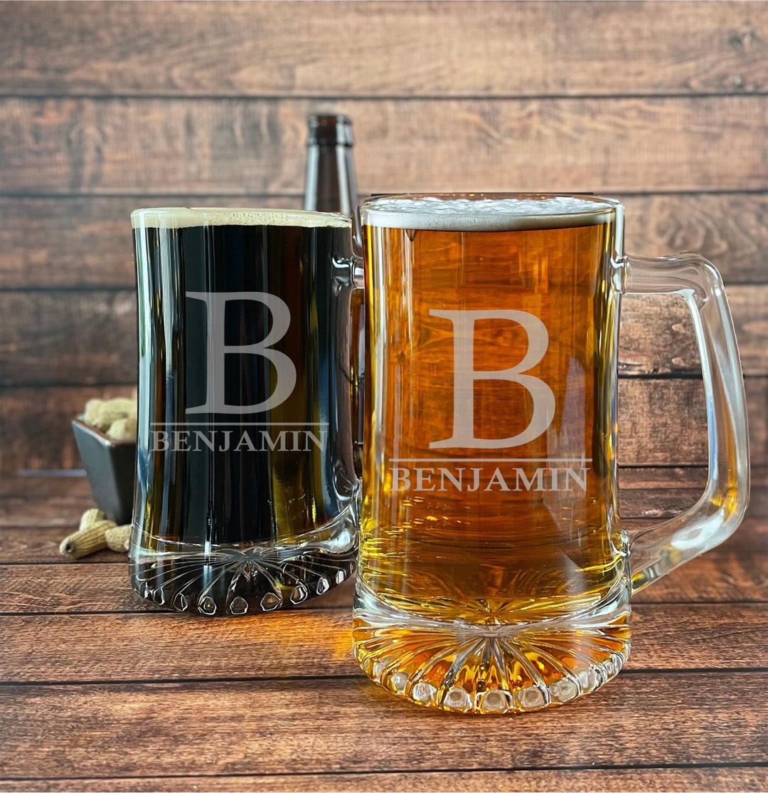 Set Of 2 Etched Monogram 25 Oz Beer Mugs Beer Mug Glasses Etsy