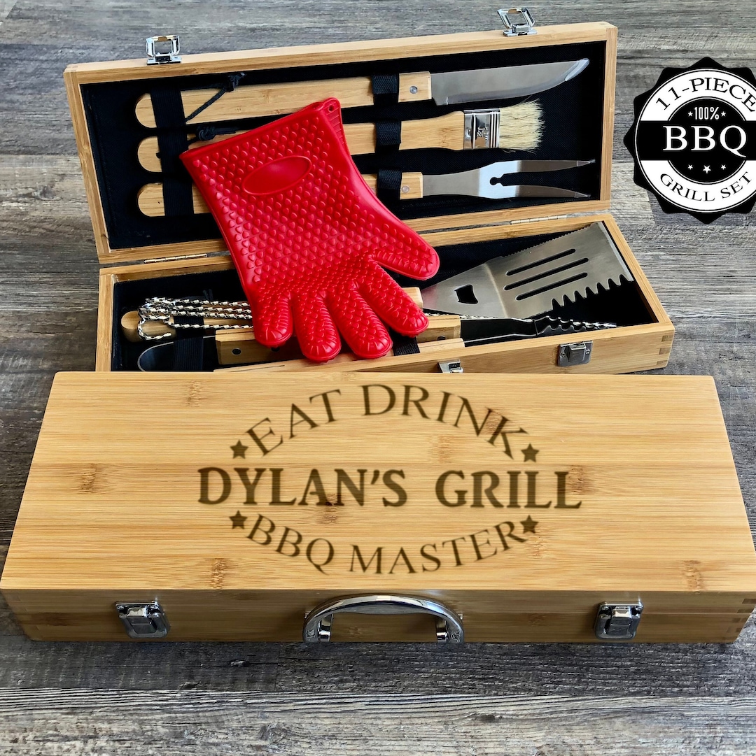 Engraved BBQ Set: Stainless Steel Grilling Tools in Bamboo Case - Etsy