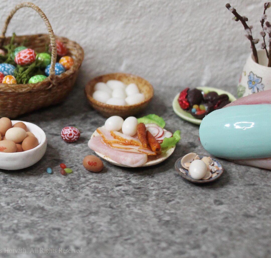 Handmade 1:12 Scale Miniature Ham Eggs and Grilled Carrot on Ceramic ...