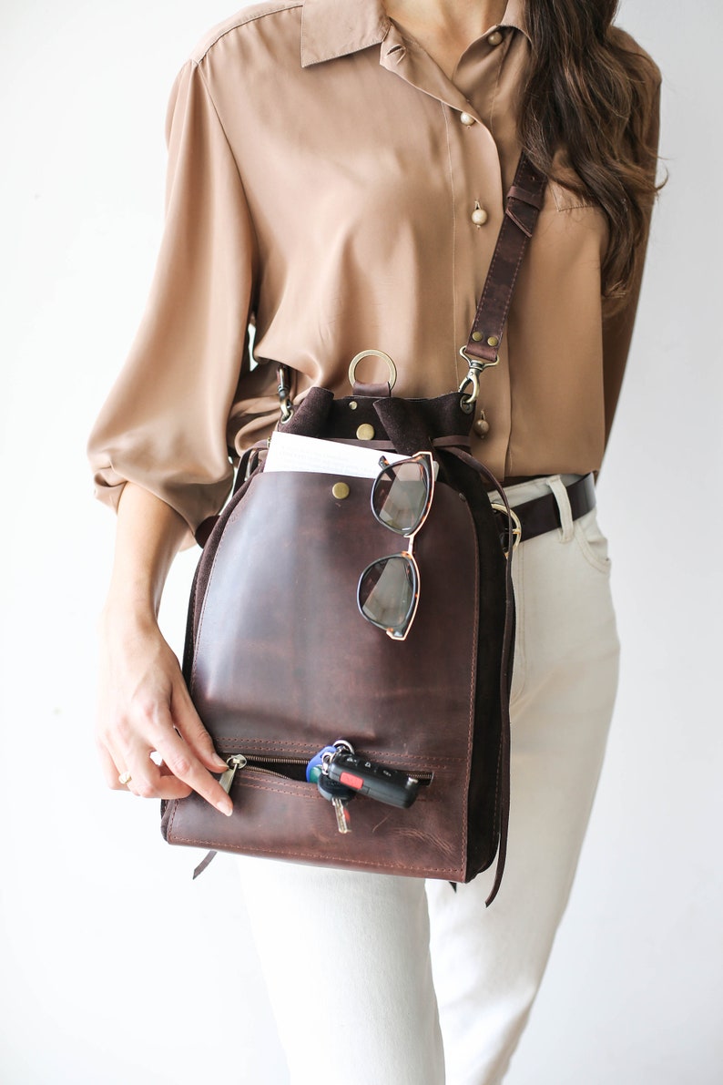 Brown Leather Backpack Purse, Suede Leather Bag, Leather Shoulder Bag ...