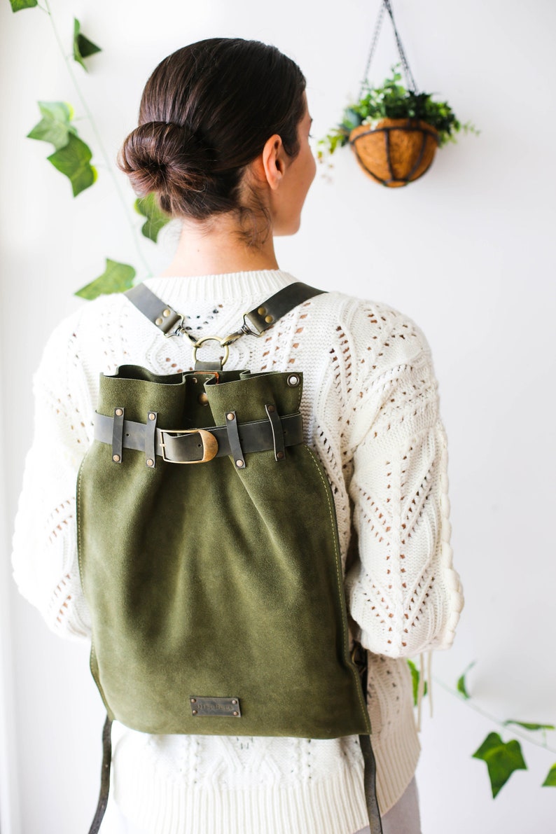 Green Leather Bag Suede Backpack Vintage Backpack - Etsy
