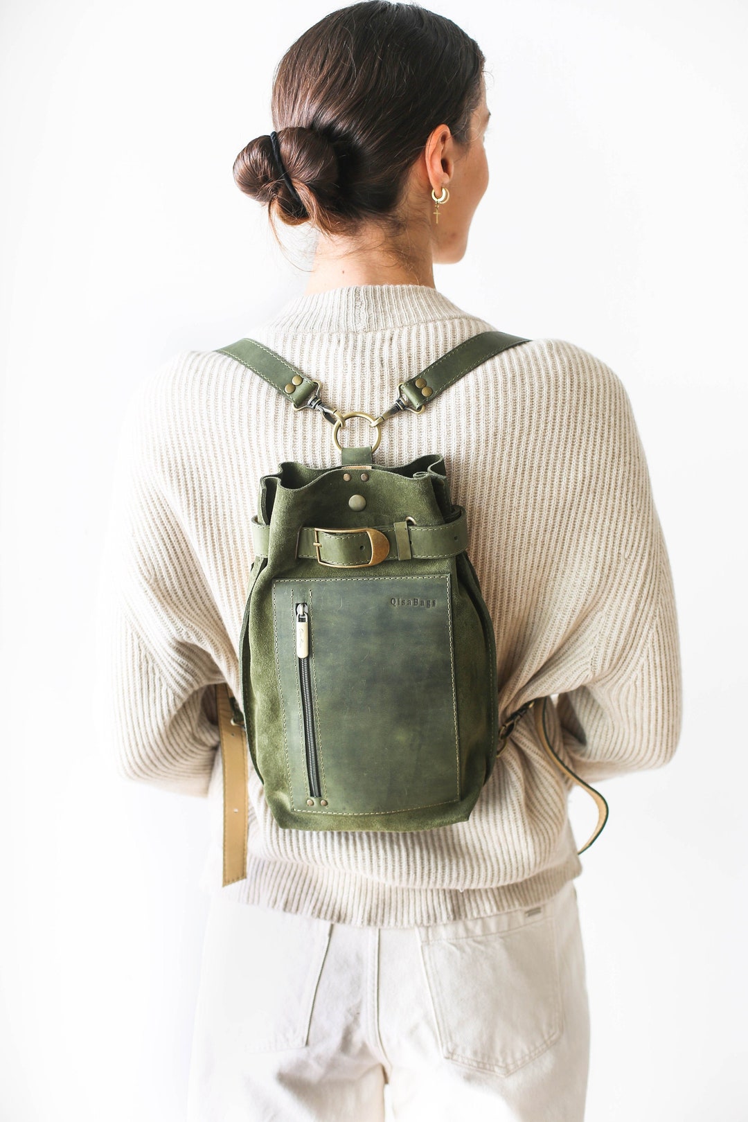 Green Leather Backpack, Leather Backpack Women, Convertible Backpack ...