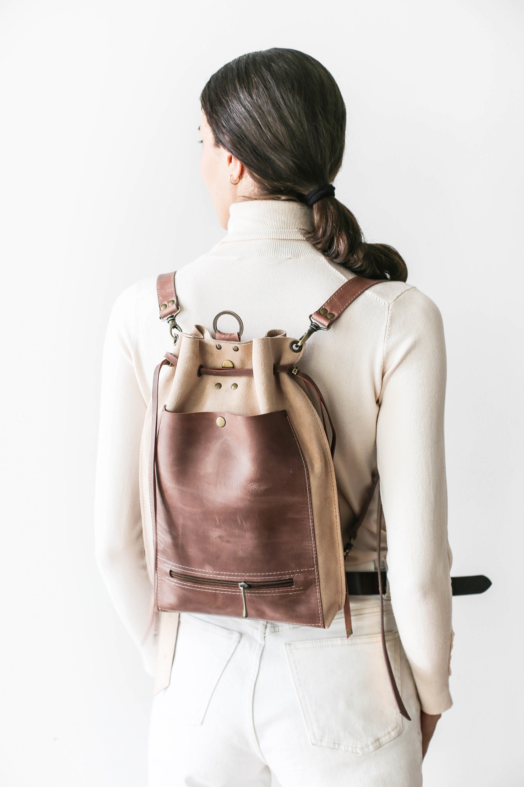 Beige Leather Backpack Purse, Leather Travel Backpack, Women's Leather ...