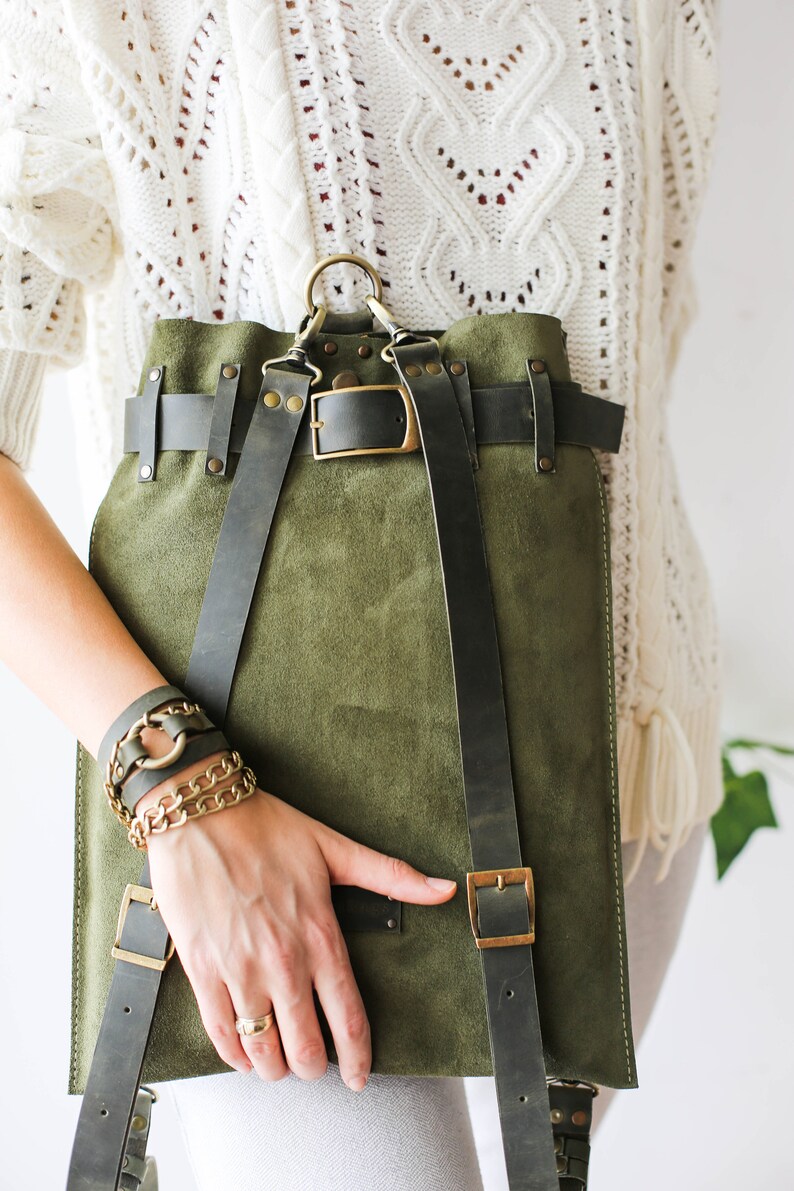 Green Leather Bag Suede Backpack Vintage Backpack - Etsy