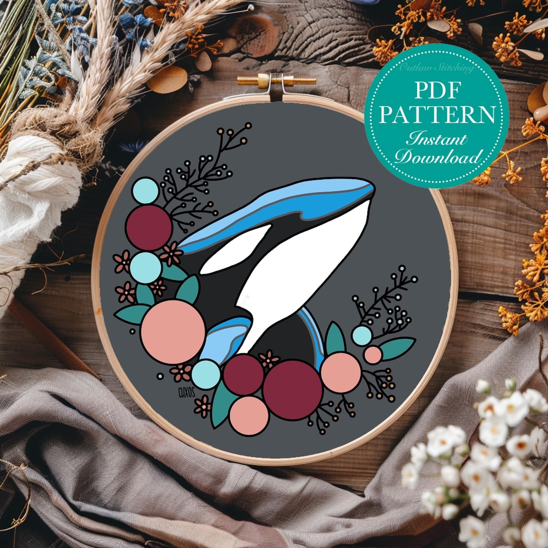 Embroidery Pattern - Full Stitch Guide, Floral Orca Whale Stitch ...
