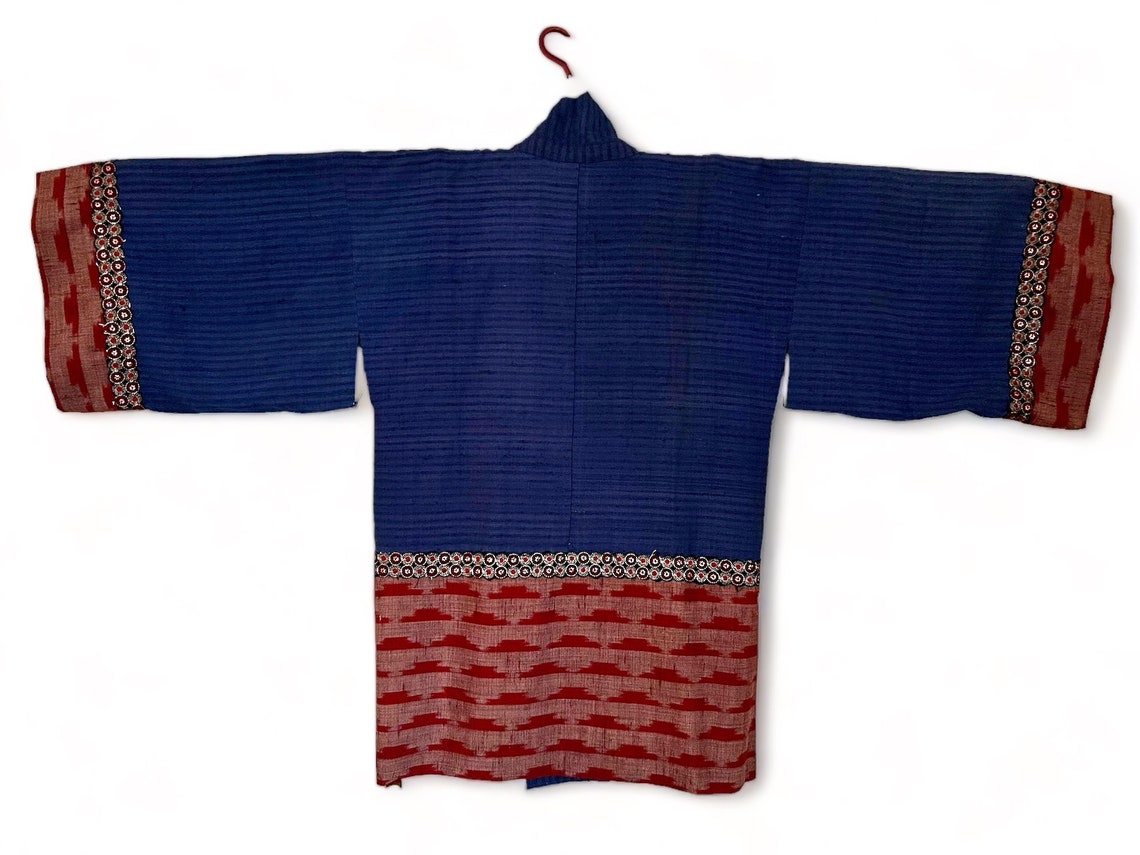 UPCYCLED JAPANESE MICHIYUKI Haori, Blue Silk, Red Patterned Wool ...