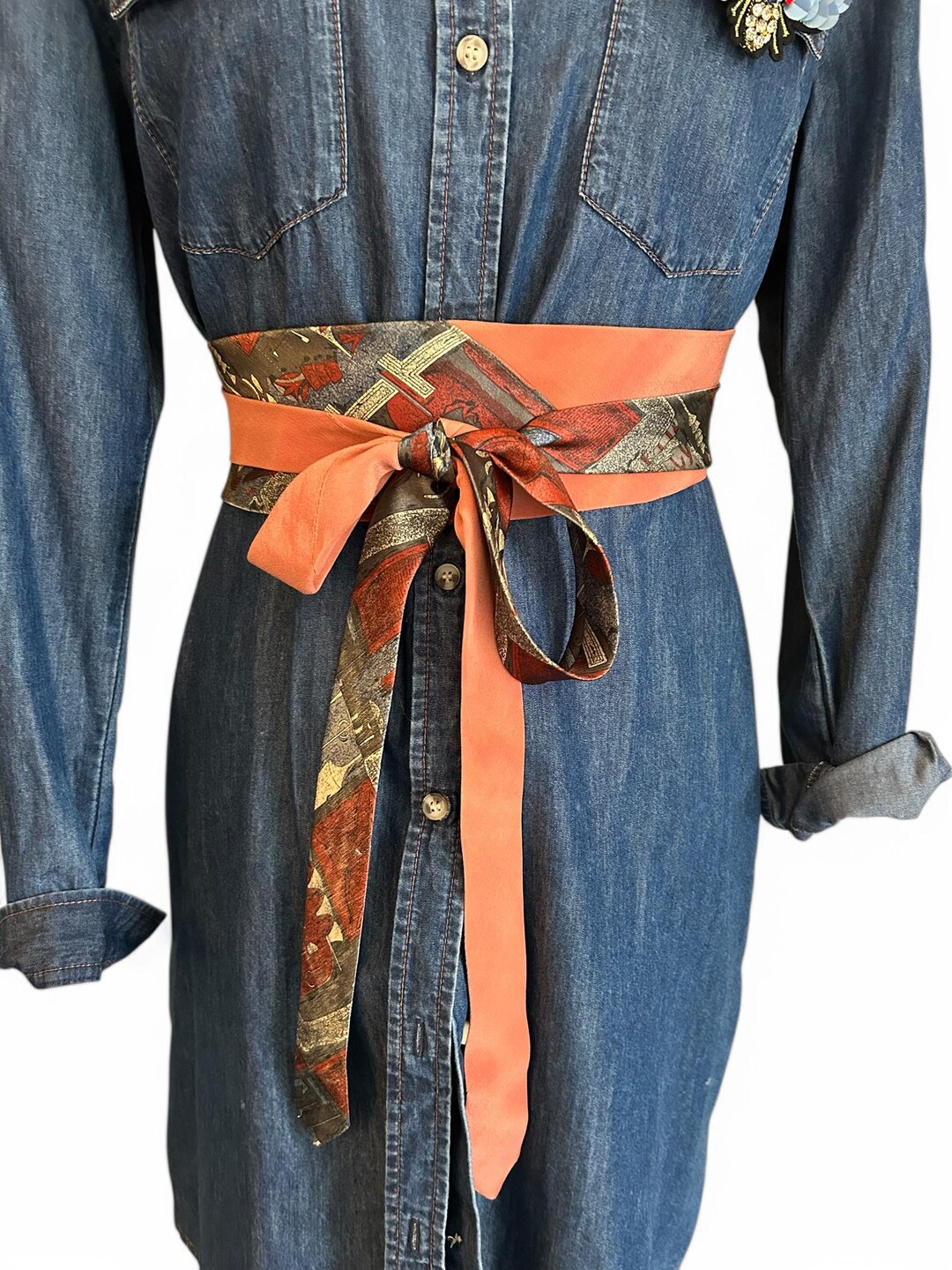 TIE BELT, 'terracotta/grey', Silk Repurposed Materials, Up-cycled Hand ...