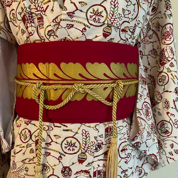 RED/GOLD OBI, vintage Japanese kimono belt, dark red … - Gem