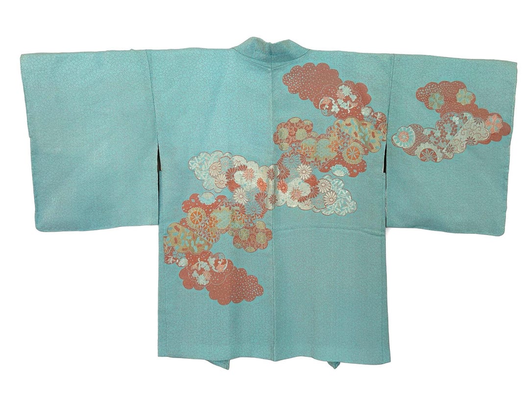 Vintage Japanese Haori, 'BLUE URUSHI', Pale Blue Silk With an Orange ...