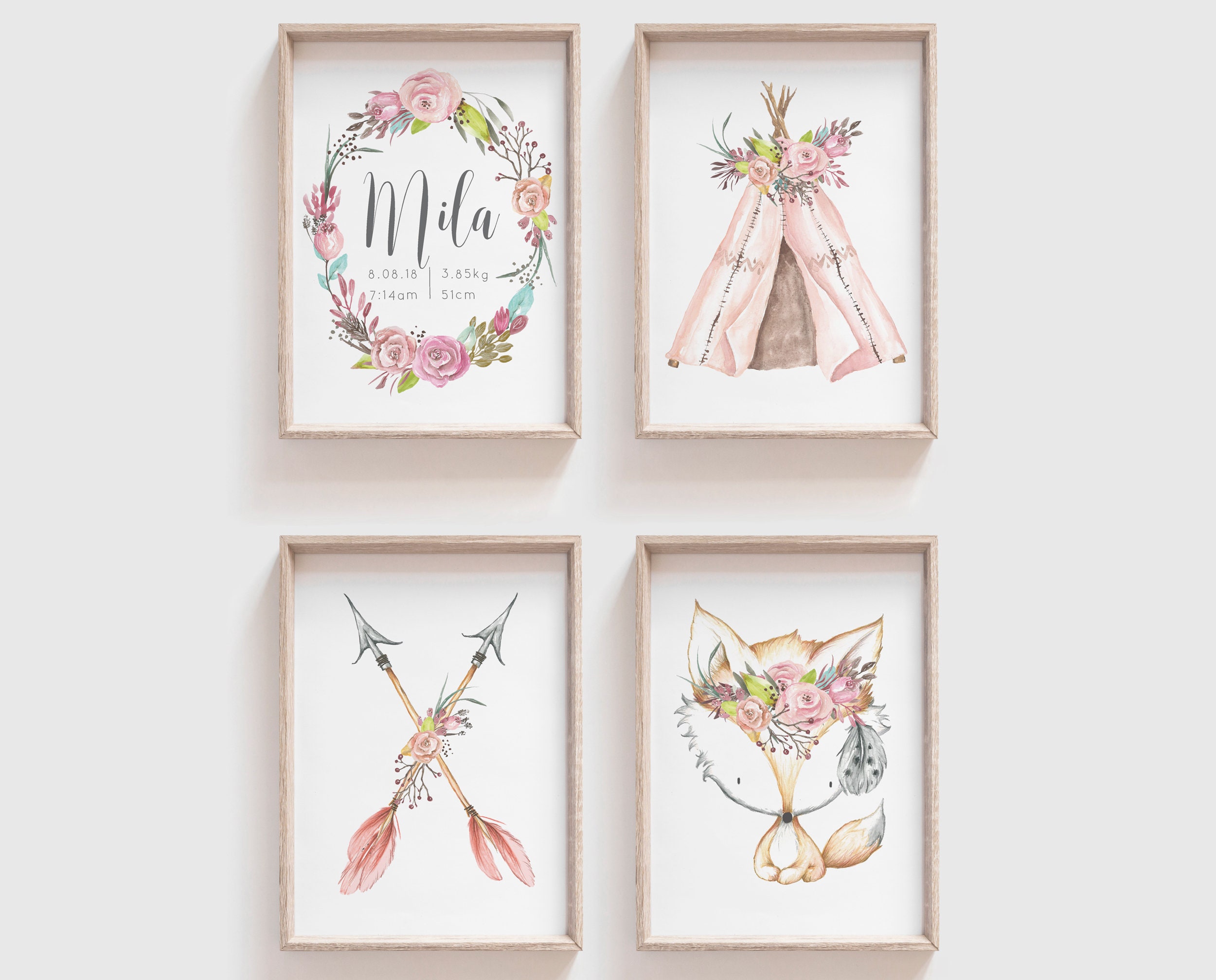 Girls Birth Print Set Woodland Boho Birth Set Boho Birth - Etsy