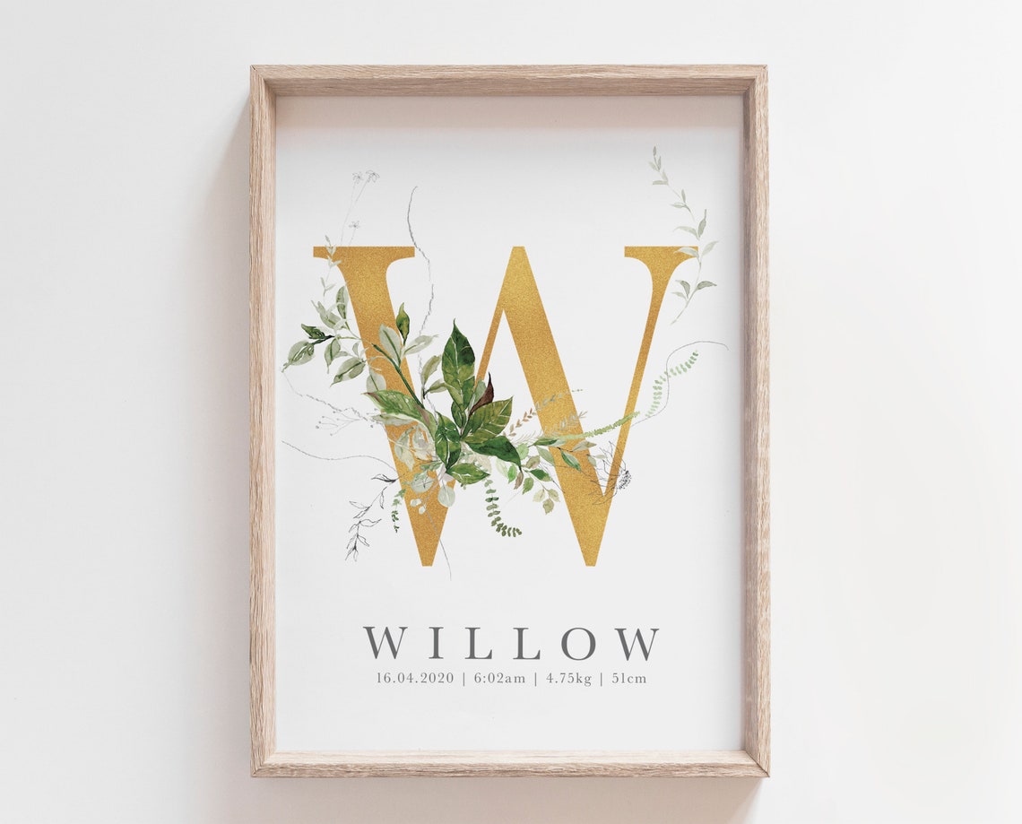 Botanical Monogram Birth Print Gold Letter Birth | Etsy