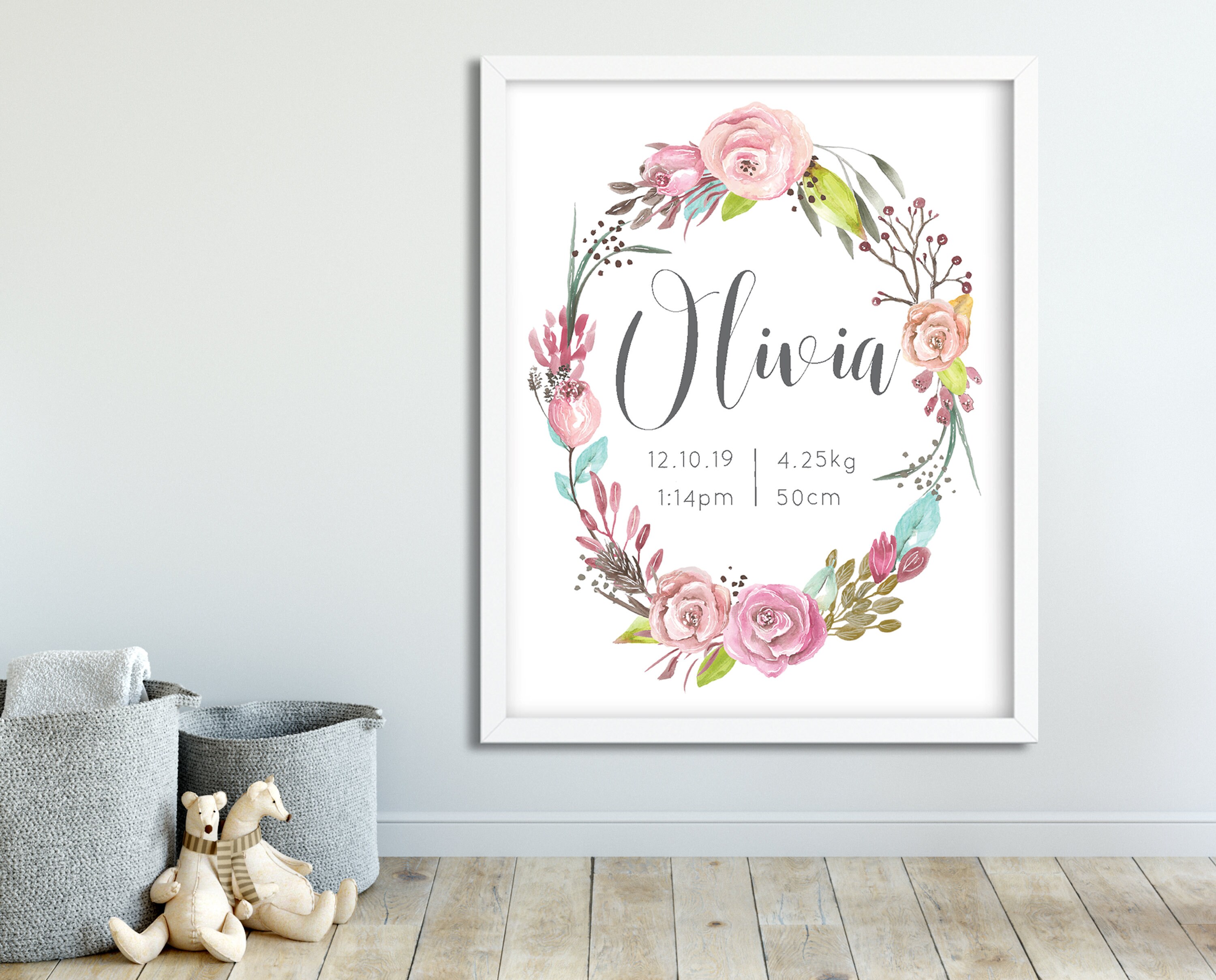Boho Wreath Birth Print Girls Personalised Art Girls Birth - Etsy Australia