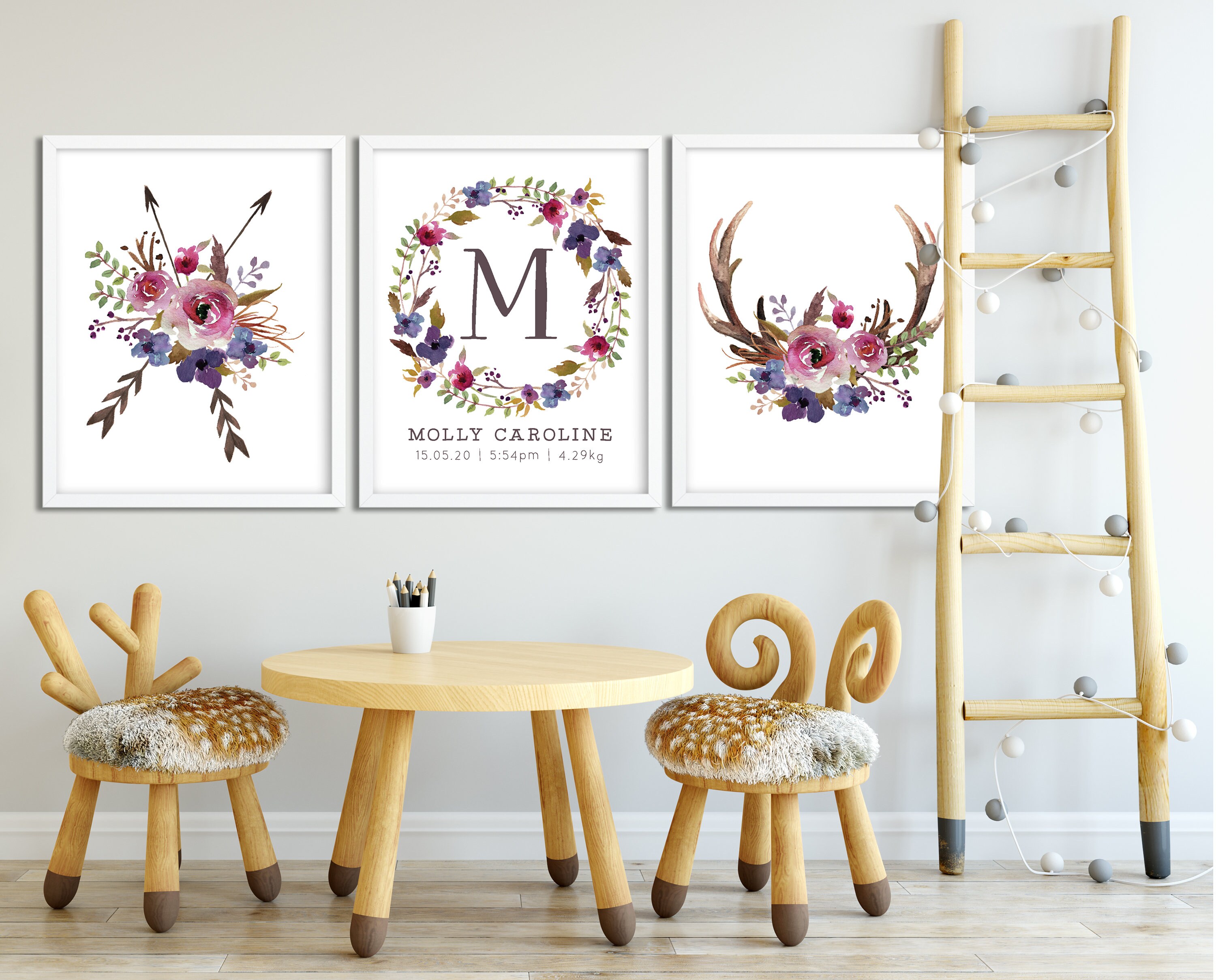 Boho Birth Print Set DIGITAL FILES Girls Nursery Art Girls - Etsy Australia