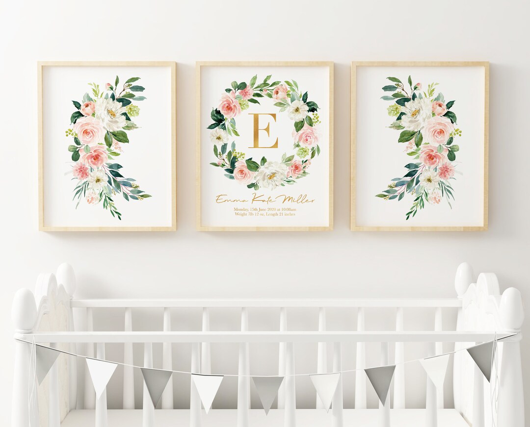 Girls Floral Birth Set, Girls Birth Print Set, Girls Nursery Wall Art ...