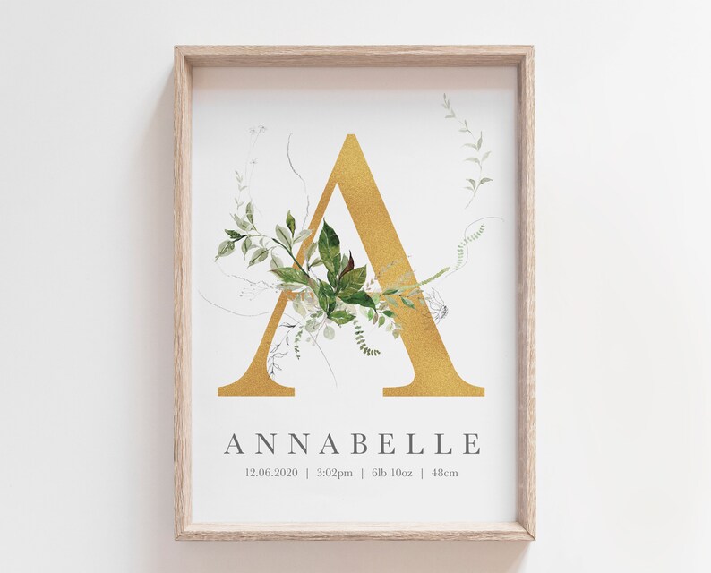 Botanical Monogram Birth Print Gold Letter Birth - Etsy
