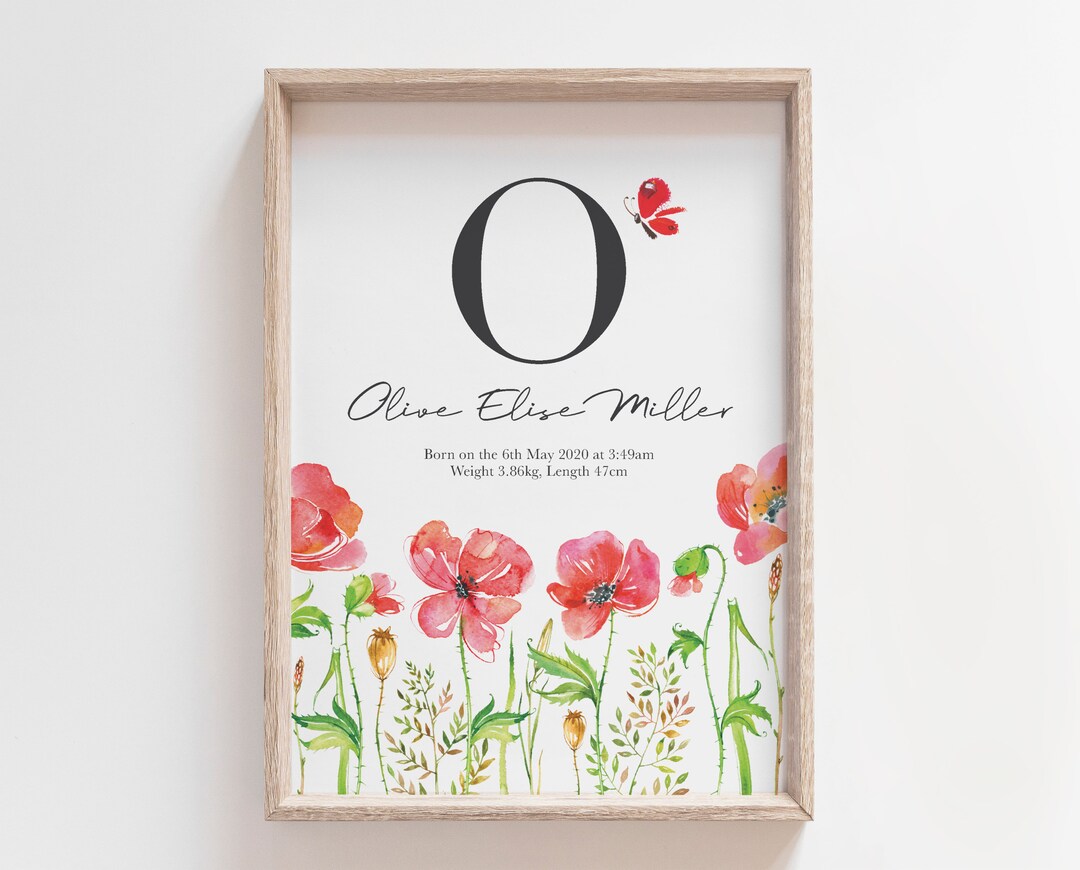 Poppy Flower Birth Print, Poppy Flower Nursery Art, Girls Personalised ...