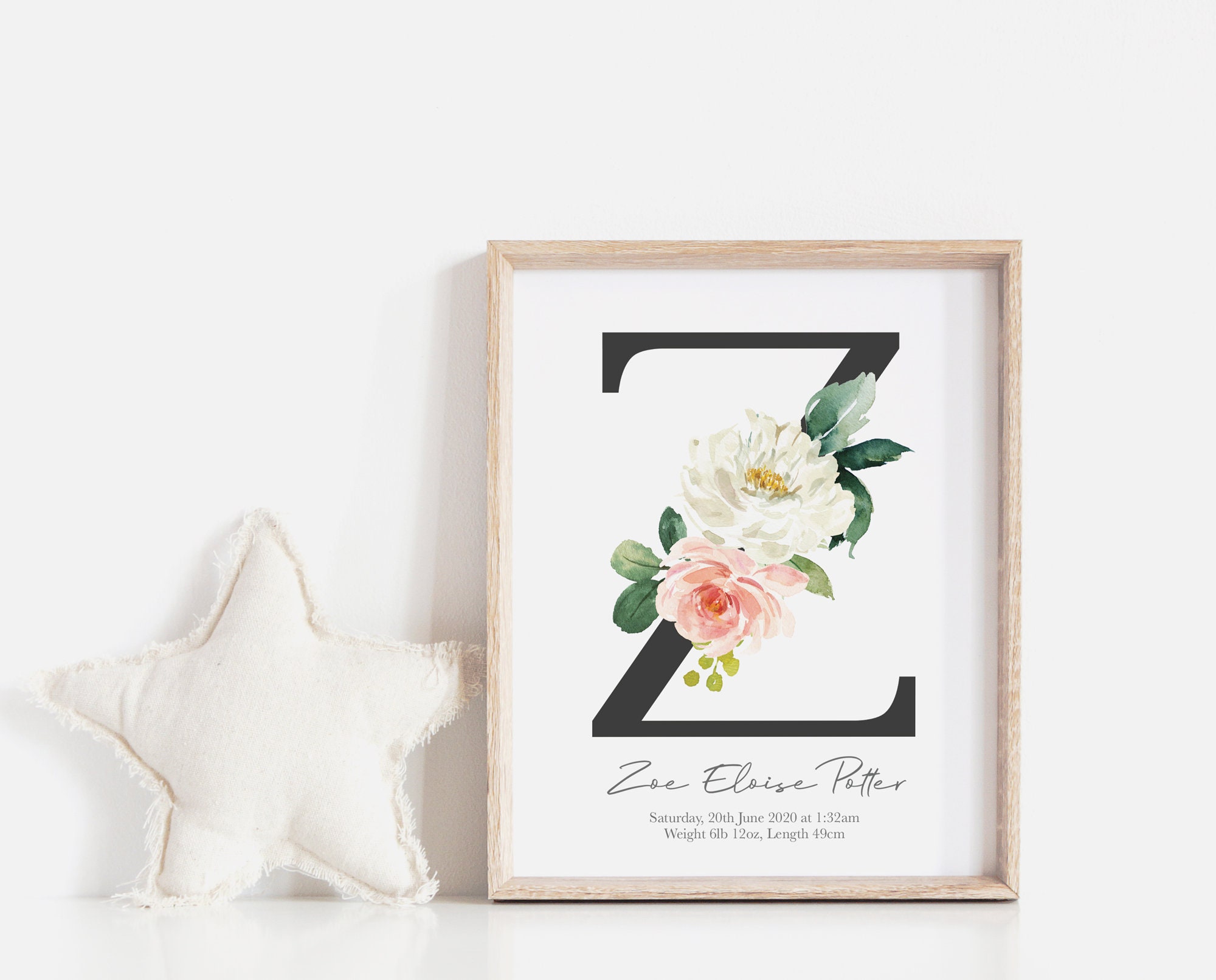 Floral Letter Birth Print Girls Birth Print Monogram Birth - Etsy
