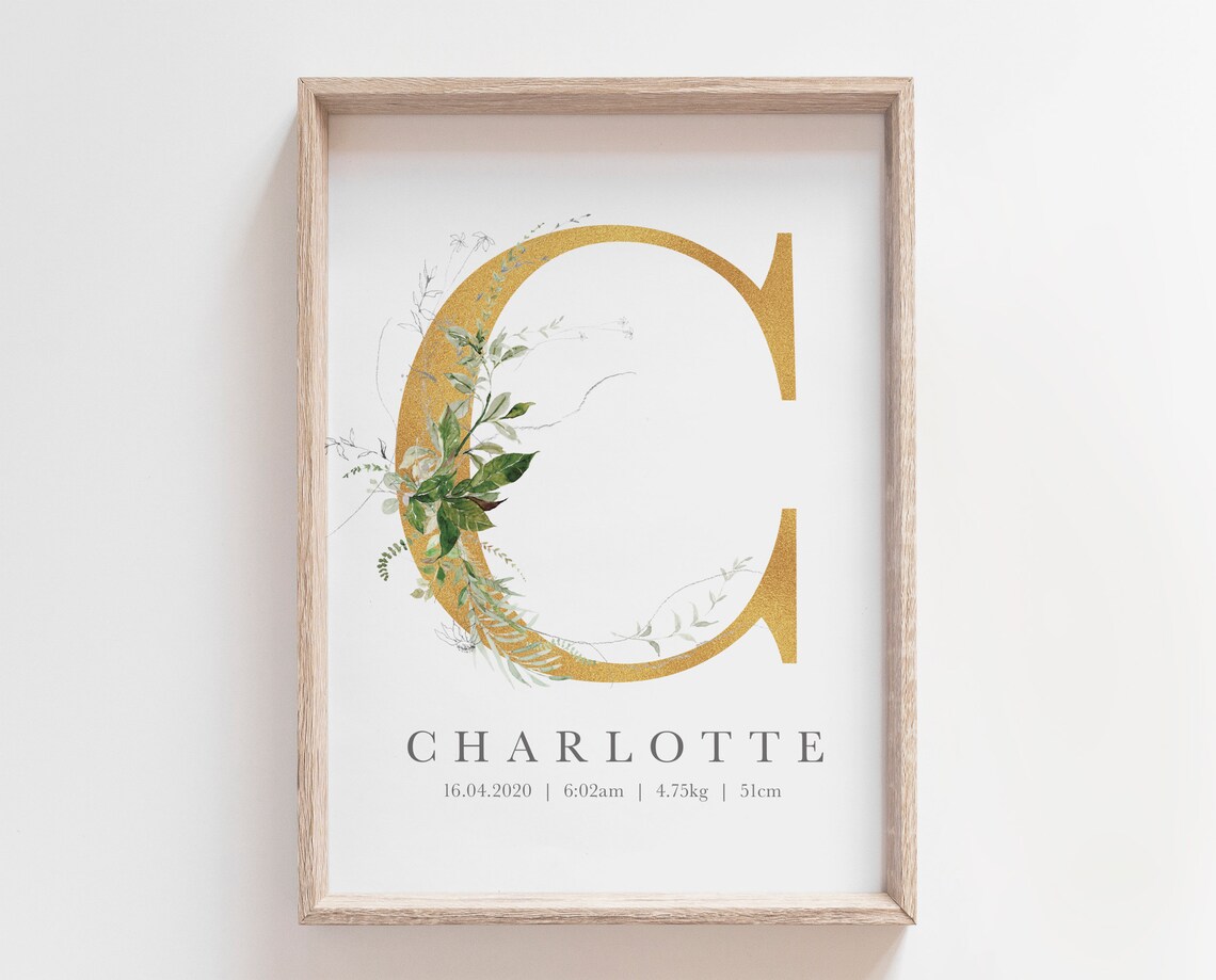 Botanical Monogram Birth Print Gold Letter Birth | Etsy