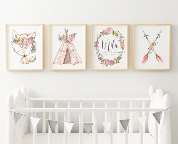 Girls Birth Print Set Woodland Boho Birth Set Boho Birth | Etsy Australia