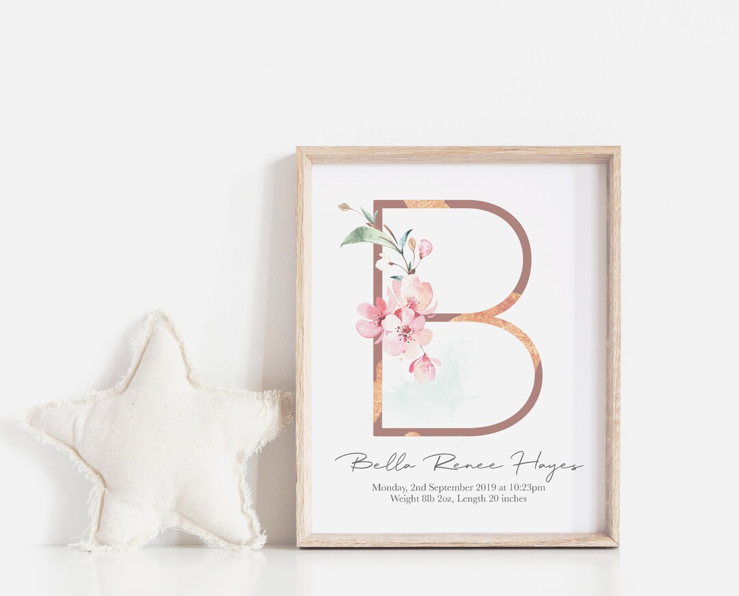 Floral Letter Birth Print, Girls Birth Print, Monogram, DIGITAL FILE ...