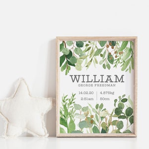 Botanical Leaf Birth Print, Boys Birth Print, Botanical Birth Print ...