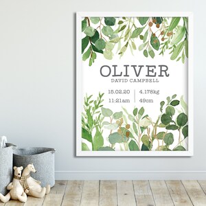 Botanical Leaf Birth Print, Boys Birth Print, Botanical Birth Print ...