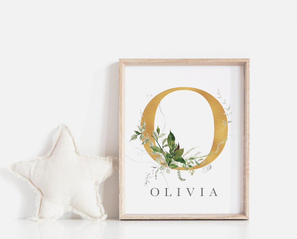 Botanical Monogram Birth Print Gold Letter Birth | Etsy