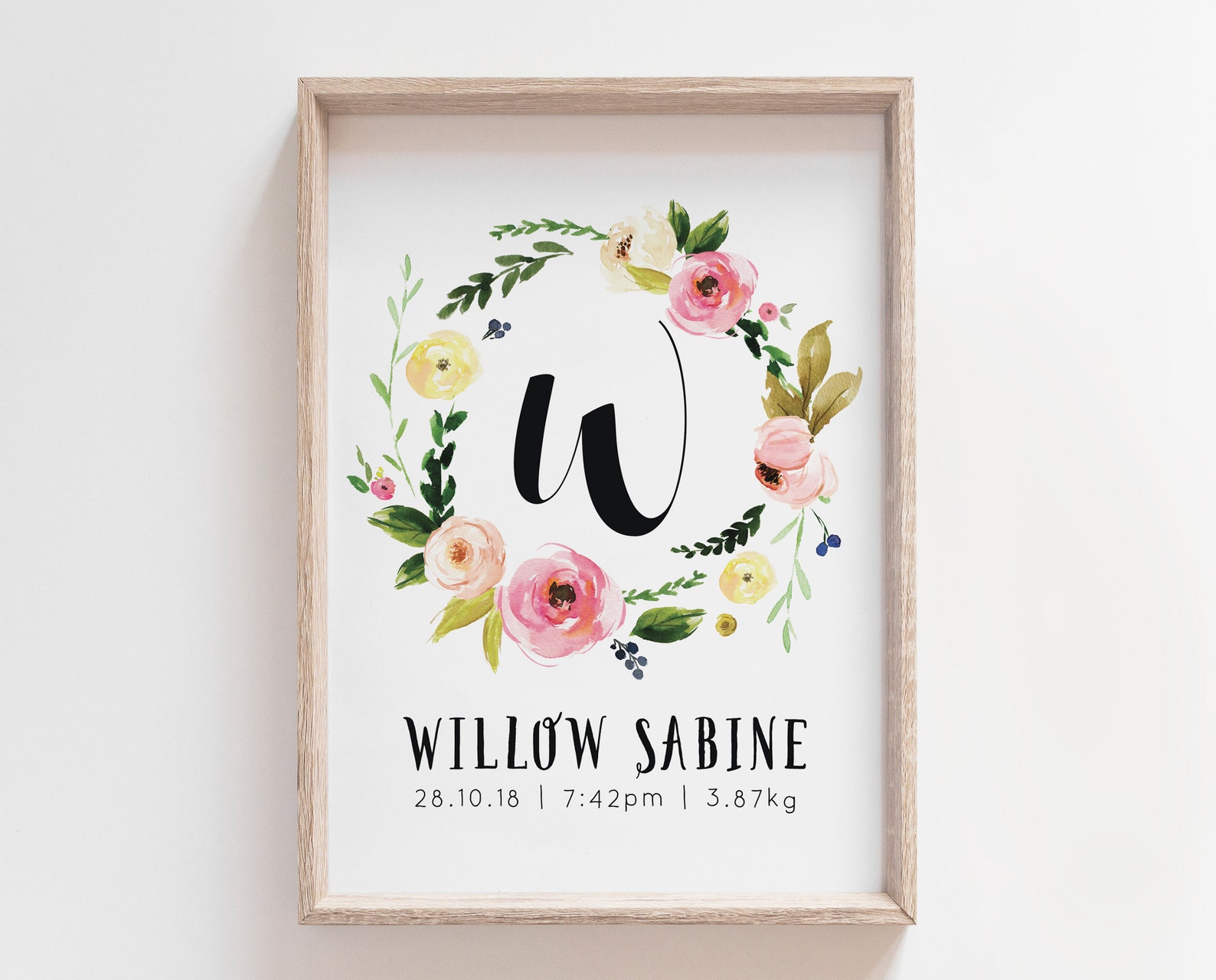 Floral Wreath Birth Print Personalised Birth Print Girls - Etsy