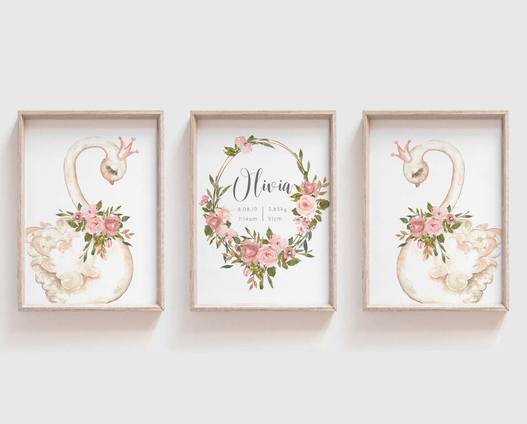 Swan Birth Announcement Set, Personalised Birth Print Set, Swan Birth ...