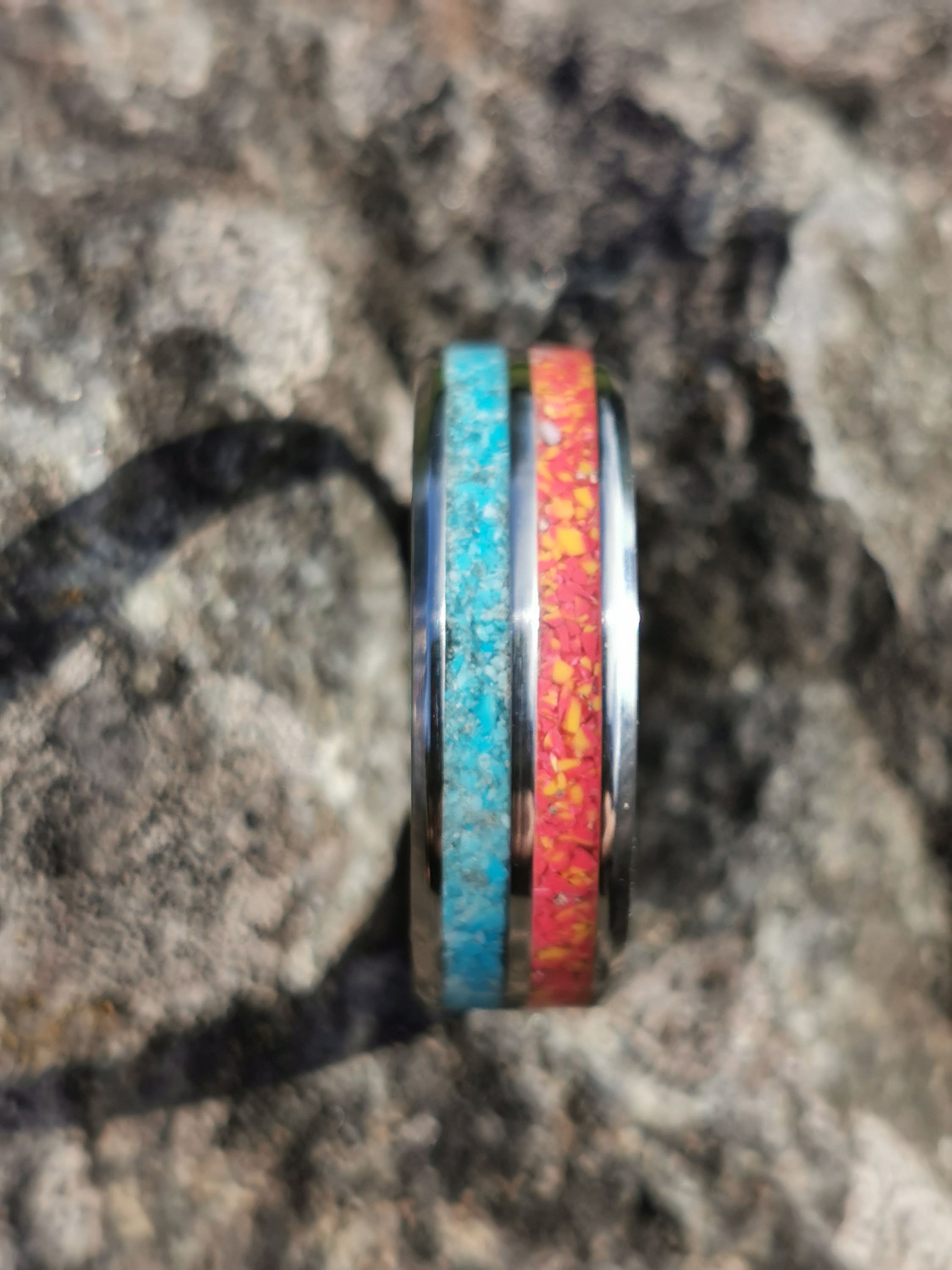 Dual band crushed natural Turquoise inlay stainless steel ring | Etsy