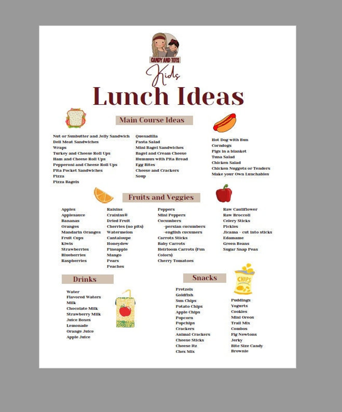 Kids Meal Planner Kids Lunch Ideas Printable School Lunch Meal - Etsy
