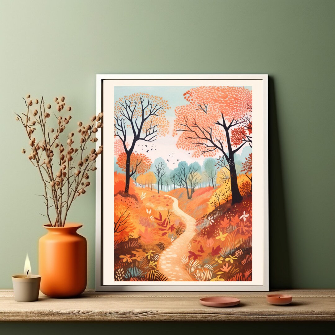 Autumn Scene Print for Home A5 A4 A3 Cute Autumnal Leaves Trees Cabin ...