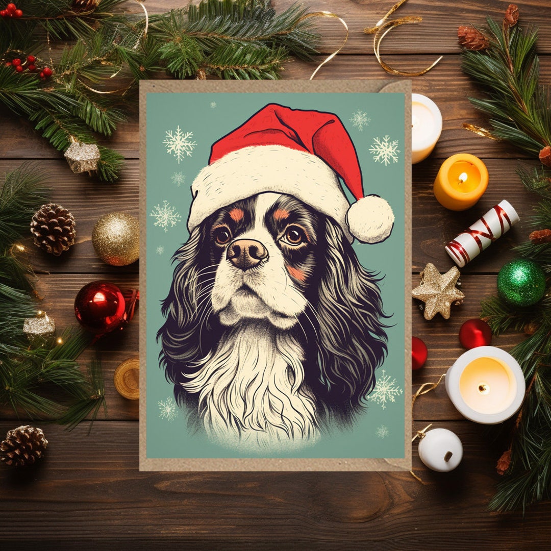 King Charles Cavalier Spaniel Christmas Card Santa Hat for Her for Him ...