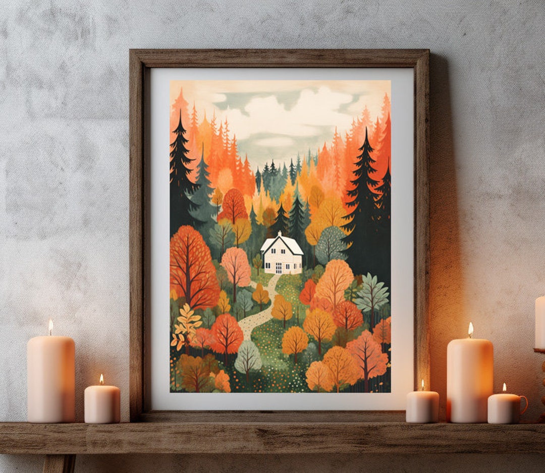 Autumn Scene Print for Home A5 A4 A3 Cute Autumnal Leaves Trees Cabin ...